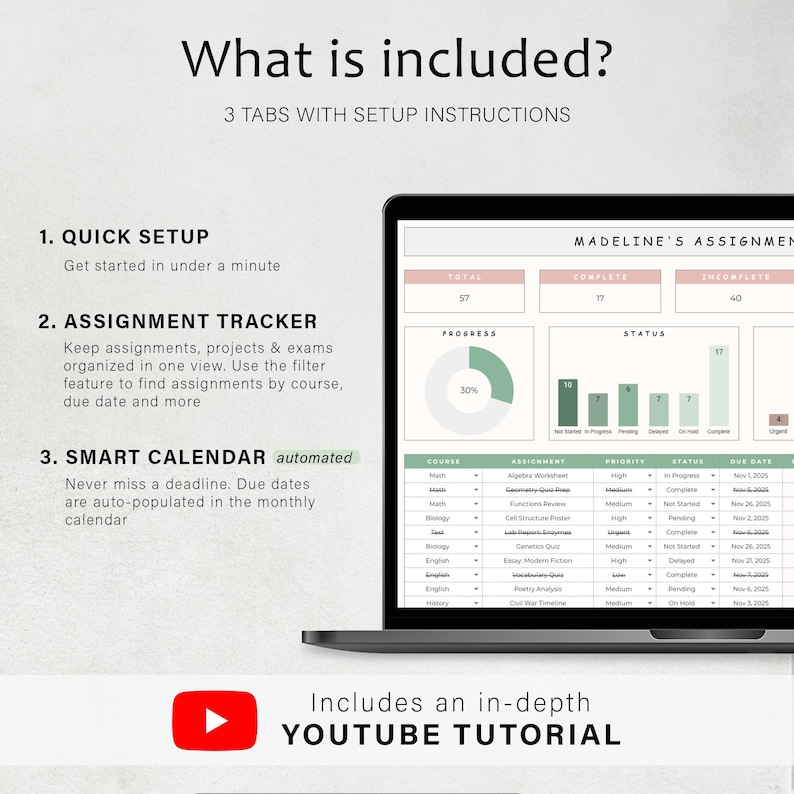 Assignment Tracker Spreadsheet Student Planner Template Academic Study ...