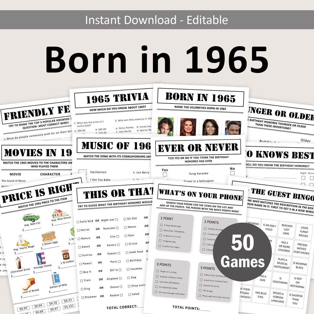 61st Birthday Games Bundle 61st Birthday Party Games 1965 Trivia Born ...