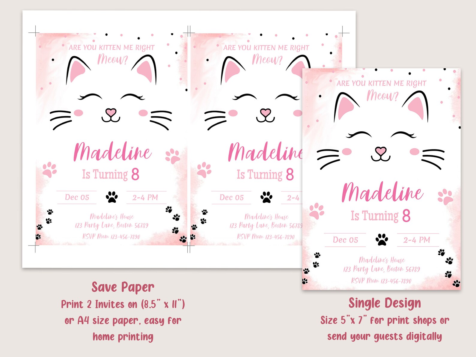 Kitten Birthday Invitation Editable Cute Cat Girl Bday Party - Etsy