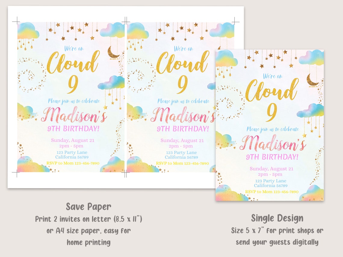 Cloud 9 Birthday Invitation Cloud Nine Party Invitation Girl - Etsy