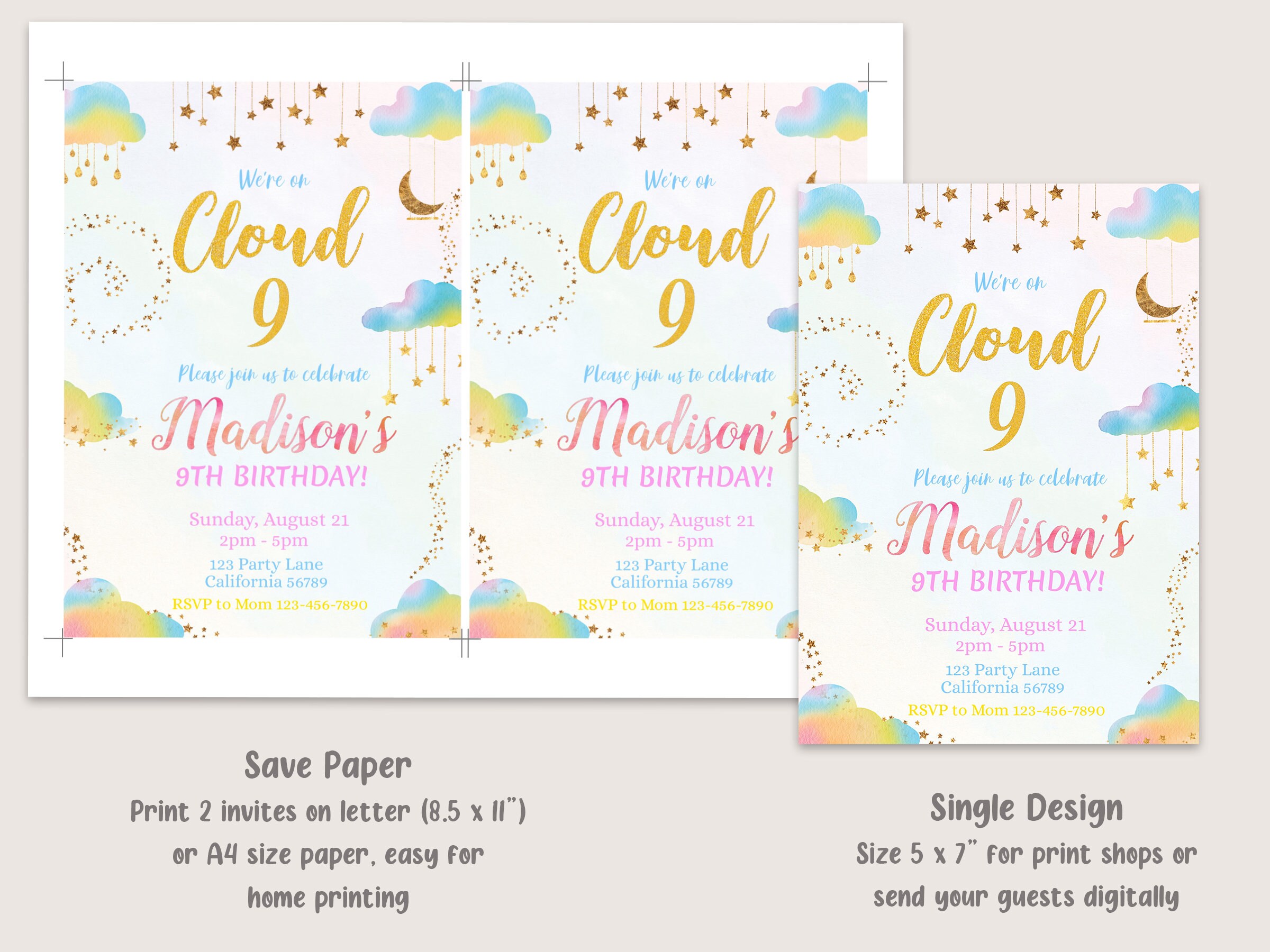 Cloud 9 Birthday Invitation Cloud Nine Party Invitation Girl - Etsy