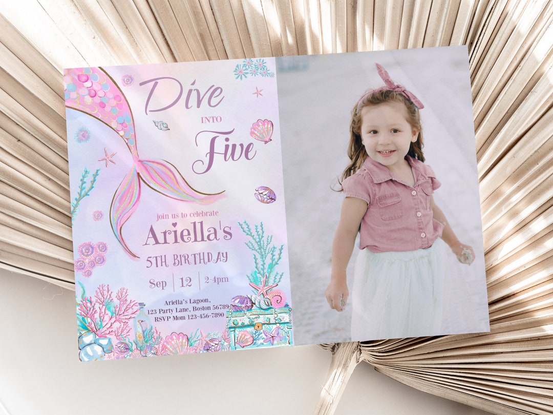 Dive Into Five Birthday Invitation With Photo Mermaid Dive Into Five ...