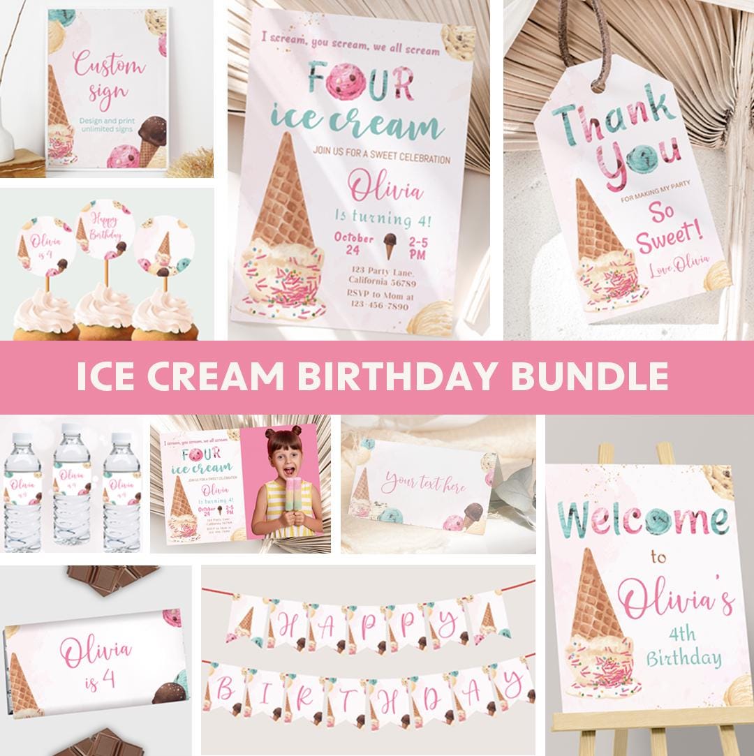 Ice Cream 4th Birthday Invitation Bundle I Scream We All Scream Four ...