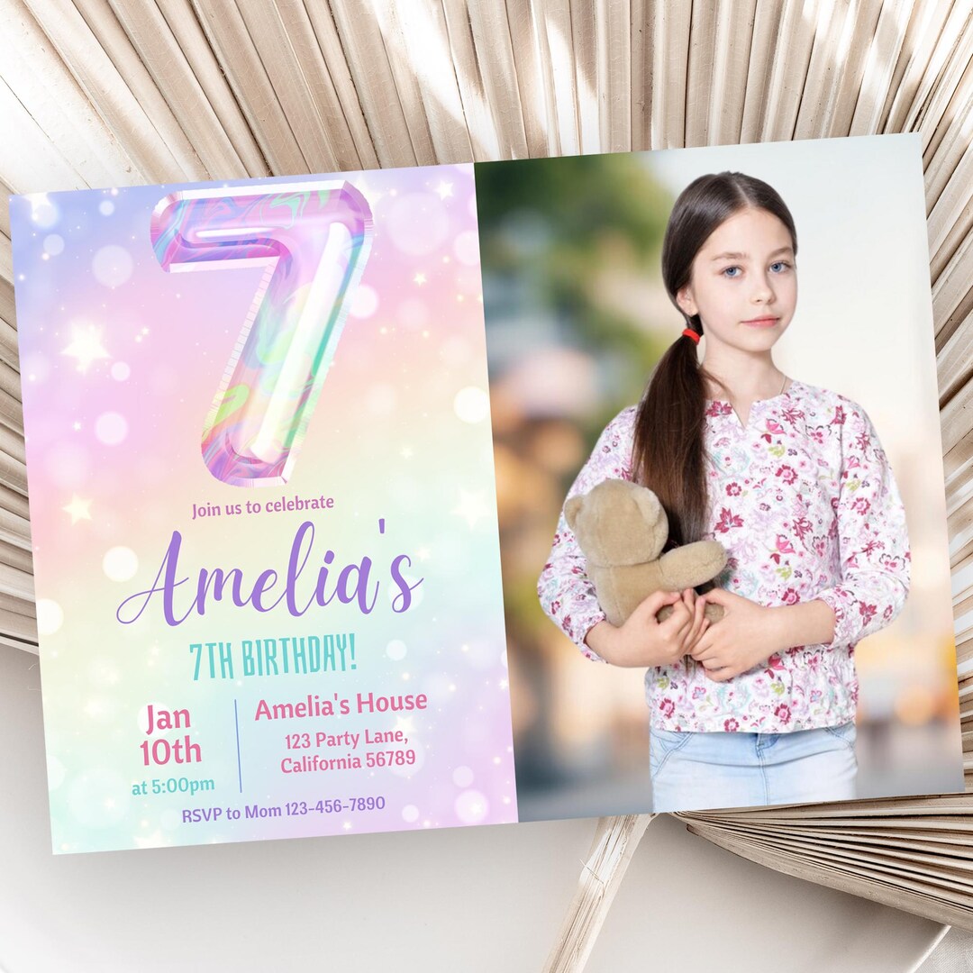 7th Birthday Invitation Photo Girl 7th Birthday Invite Picture Rainbow ...
