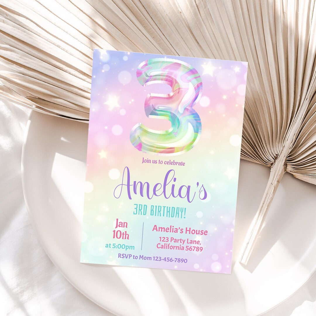 3rd Birthday Invitation Girl 3rd Birthday Party Invitation Rainbow ...