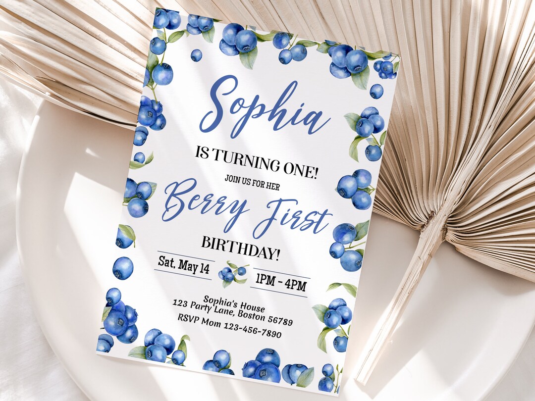 Editable Blueberry First Birthday Invitation Template Girl 1st Birthday ...