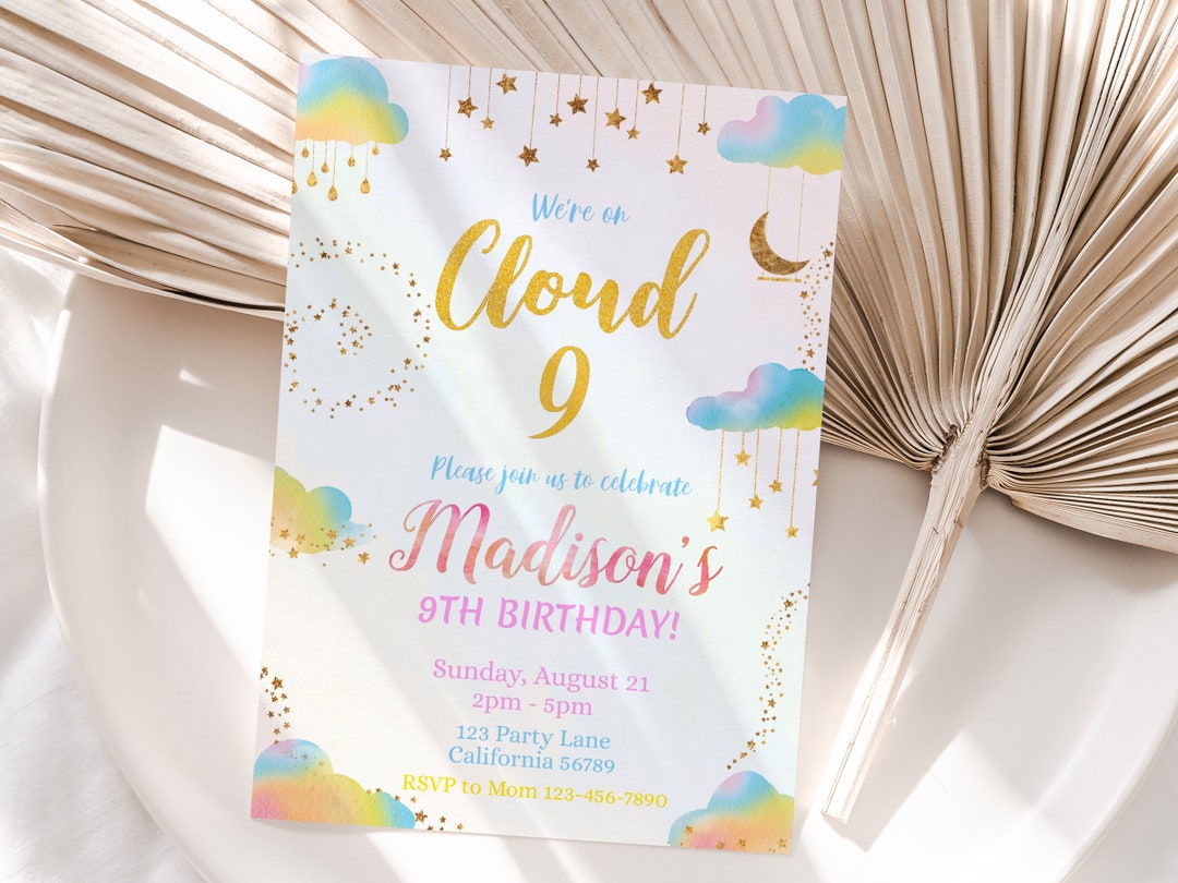 Cloud 9 Birthday Invitation Cloud Nine Party Invitation Girl 9th Birthday Invite Gold Rainbow ...