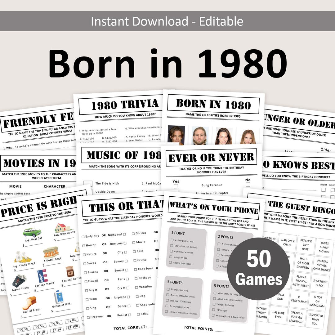 45th Birthday Games Bundle 45th Birthday Party Games 1980 Trivia Born ...