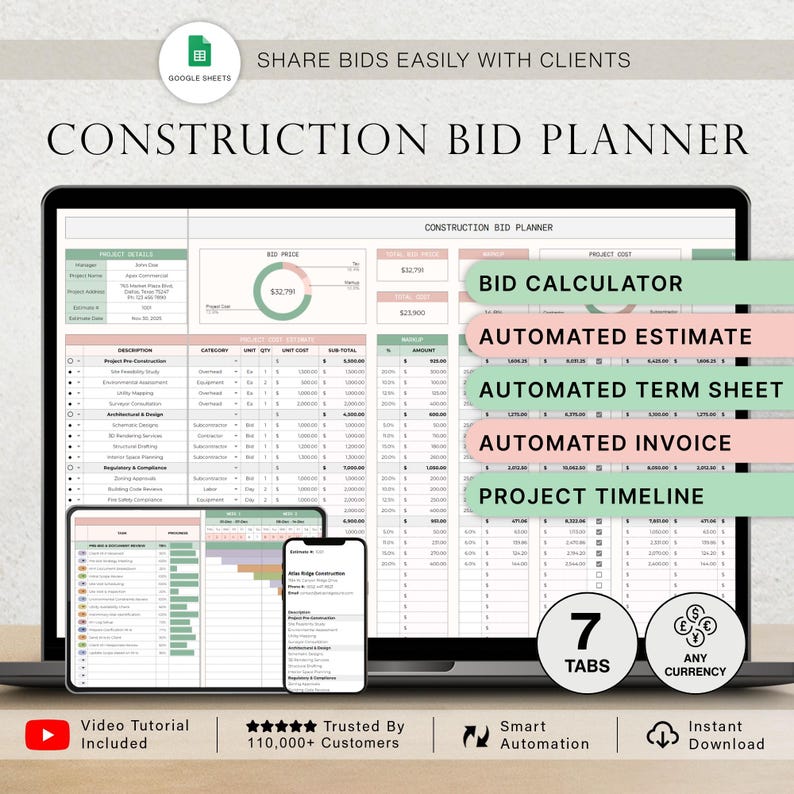Construction Bid Planner Estimate Template Bidding Template Building ...