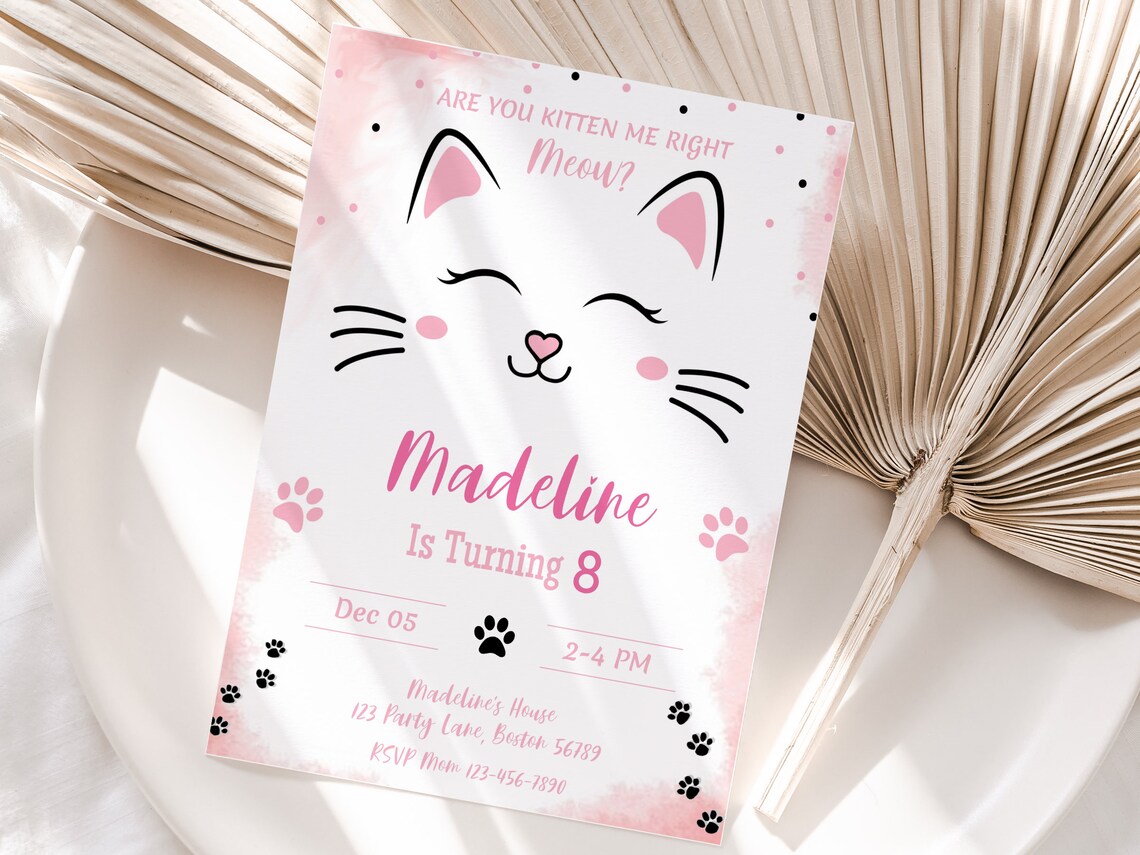 Kitten Birthday Invitation Editable Cute Cat Girl Bday Party - Etsy