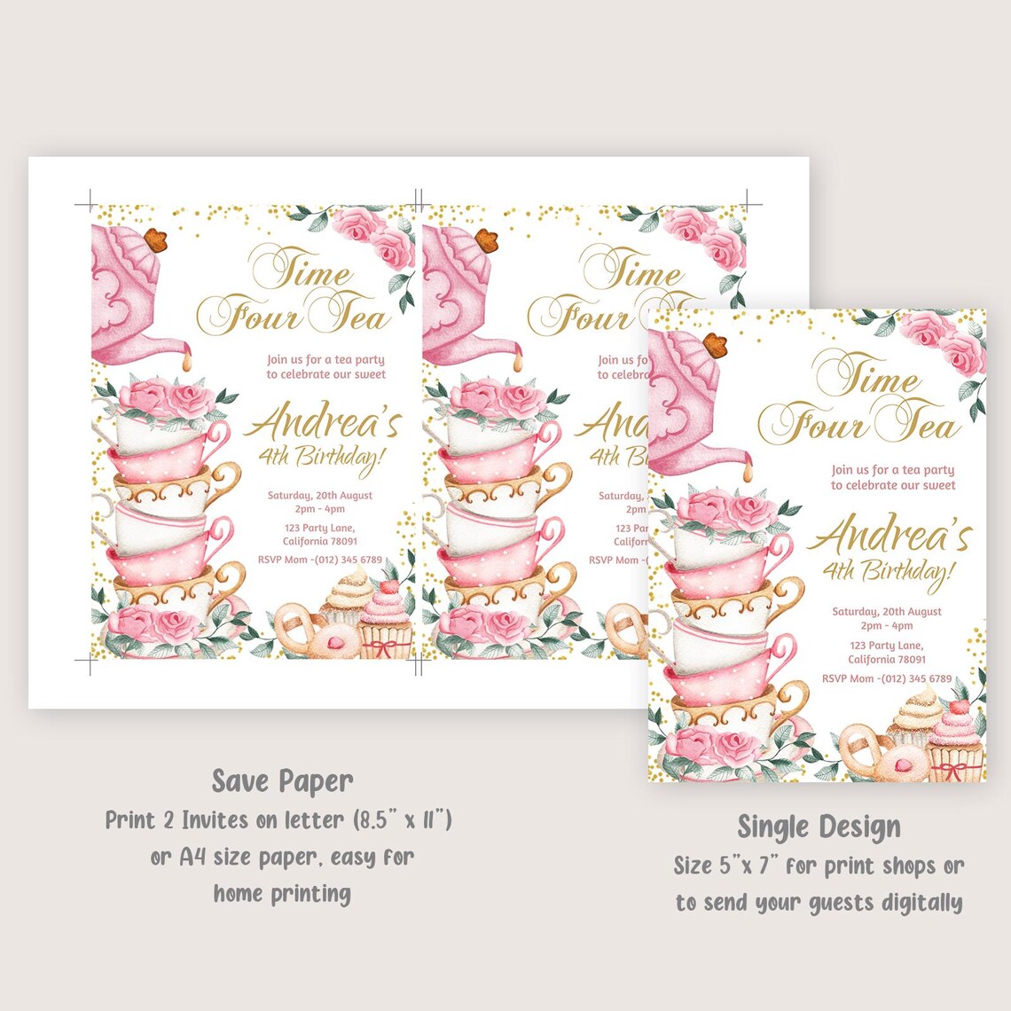 Time Four Tea Invitation Tea Party 4th Birthday Invitation Floral Tea ...