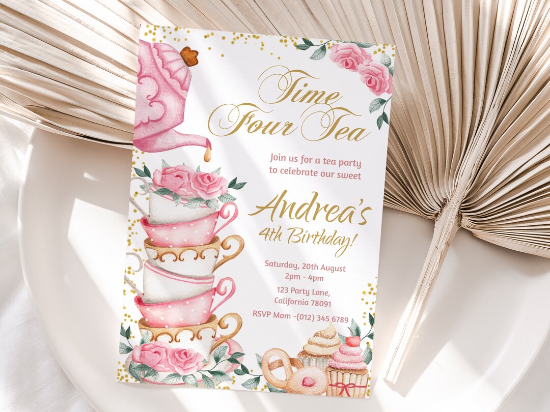 Time Four Tea Invitation Tea Party 4th Birthday Invitation Floral Tea ...