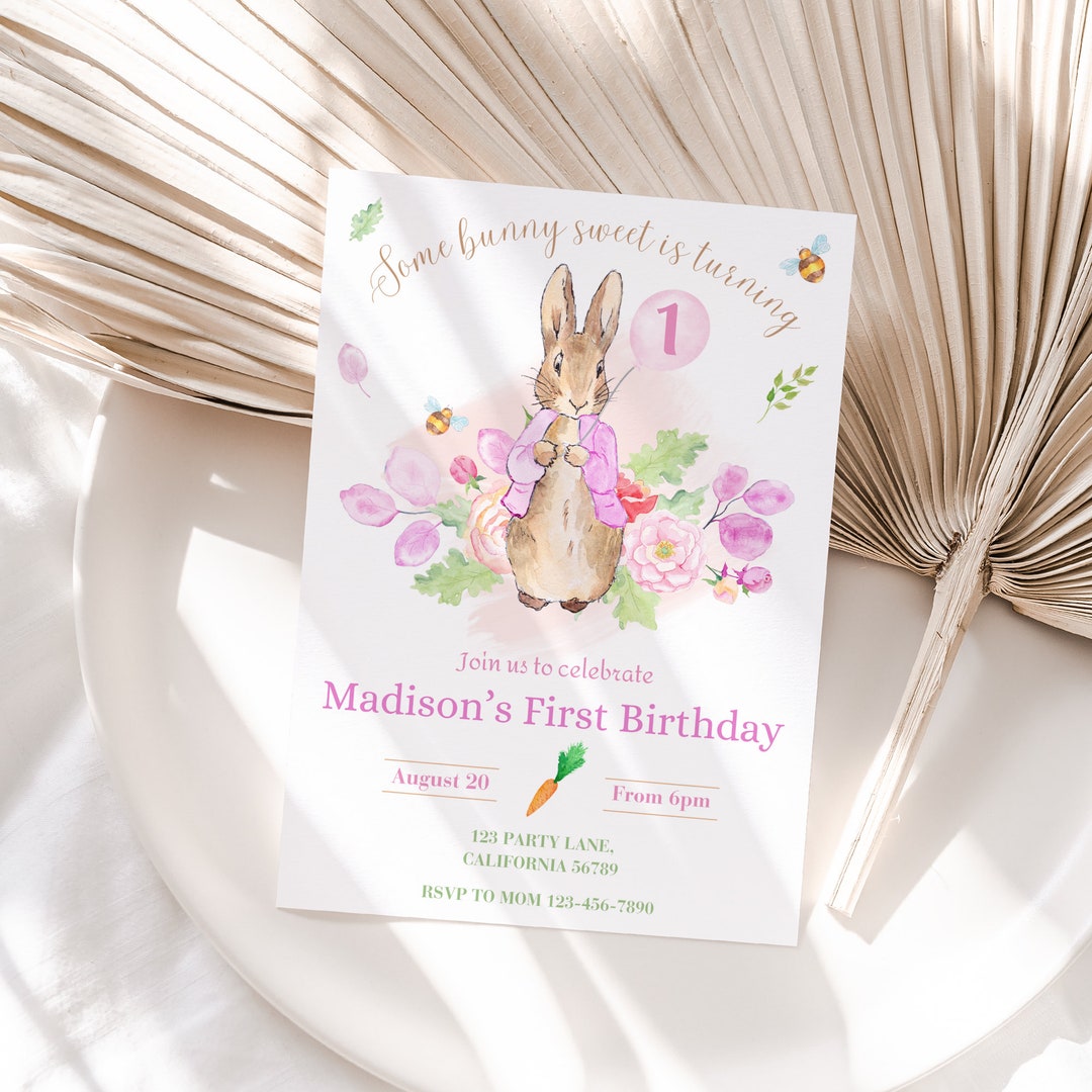 Peter Rabbit Birthday Invitation Pink Bunny First Birthday Invitation ...