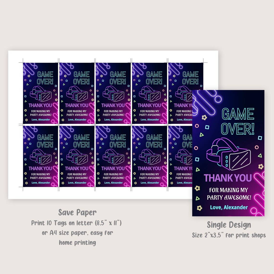 Virtual Reality Favor Tags VR Party Tags VR Birthday Tags Game Over ...