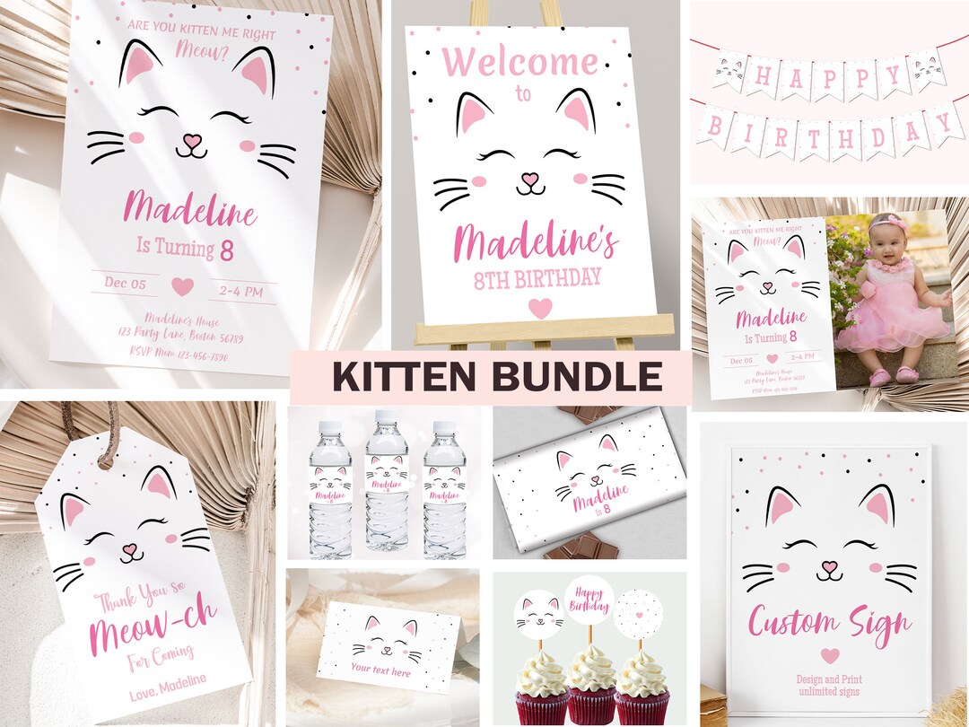 Cat Birthday Invitation Bundle Kitten Party Decorations Kitty Cat Decor ...