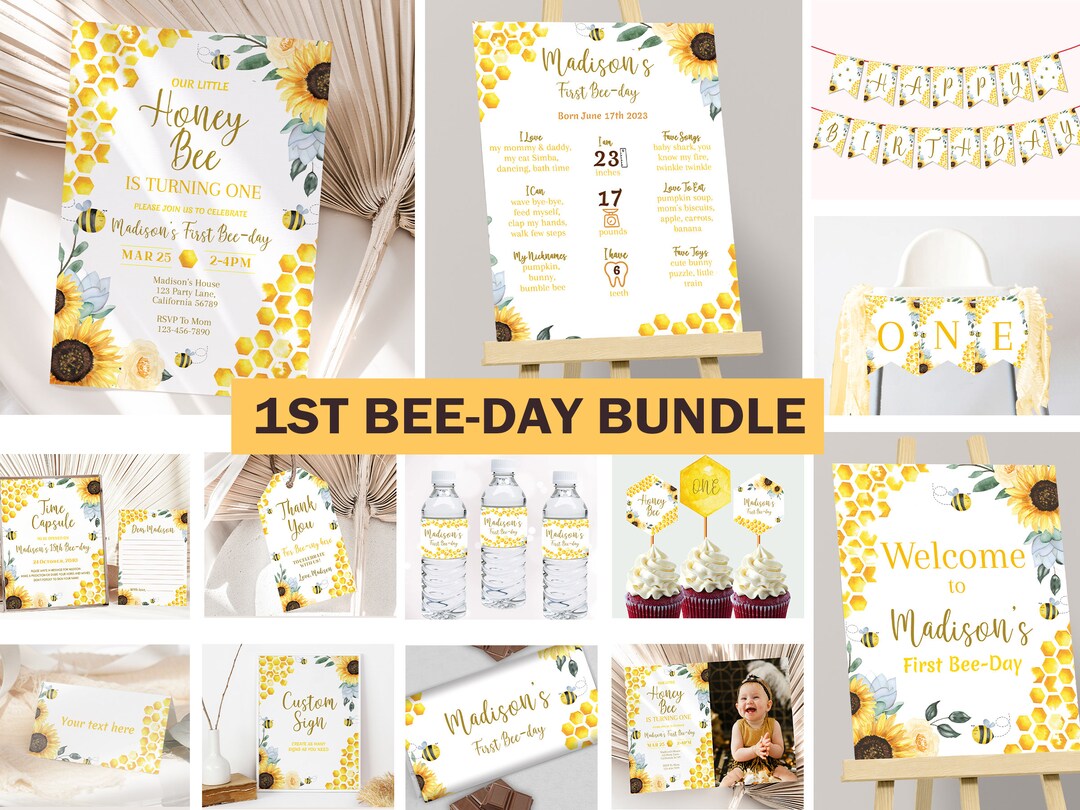 First Bee Day Invitation Bundle 1st Bee Day Party Decorations Bee ...