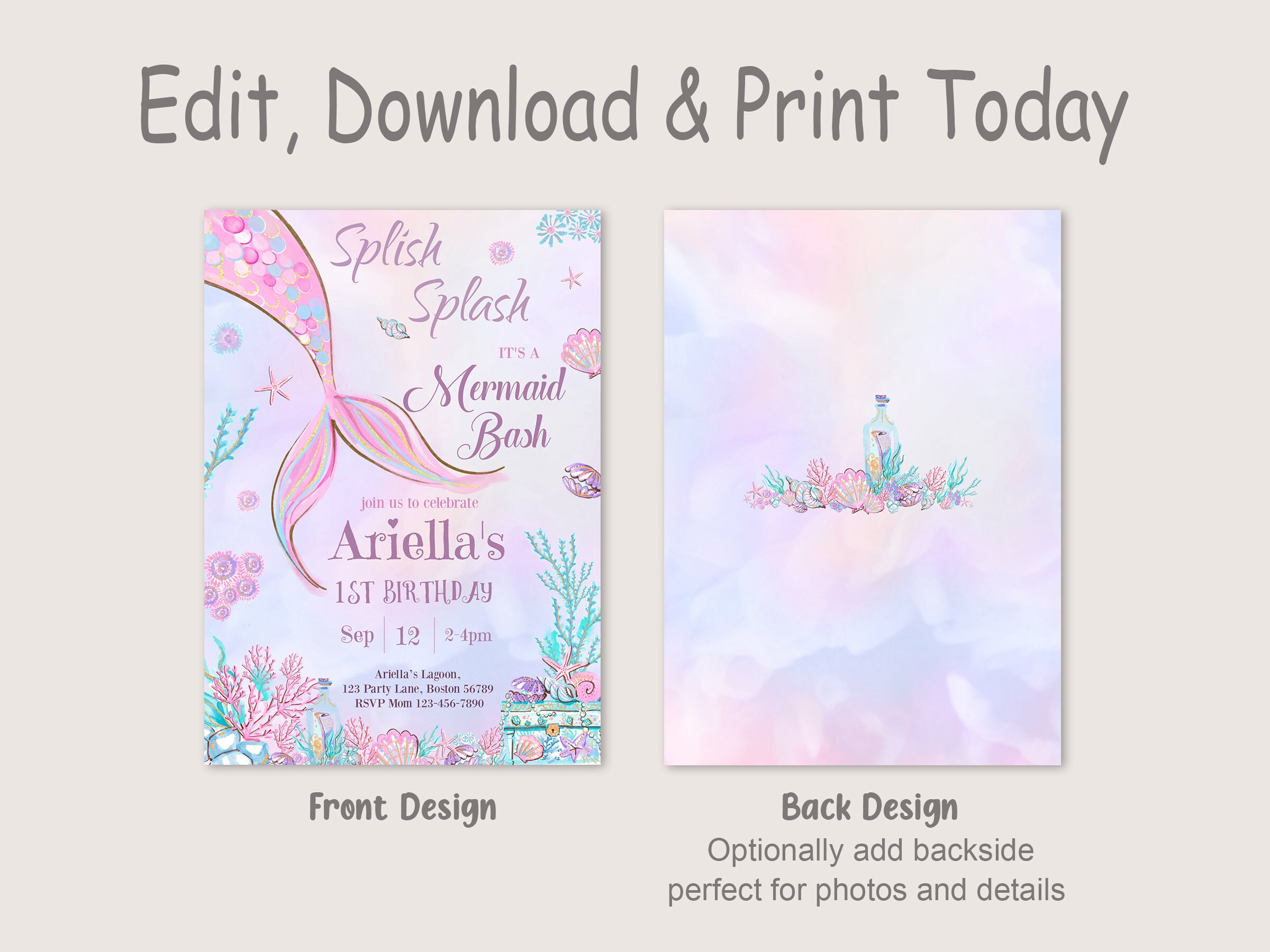Editable Mermaid Birthday Invitation Template Little Mermaid - Etsy ...