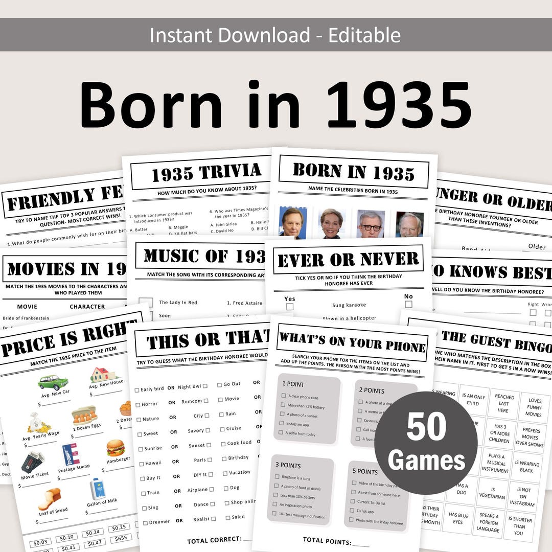 90th Birthday Games Bundle 90th Birthday Party Games 1935 Trivia Born ...