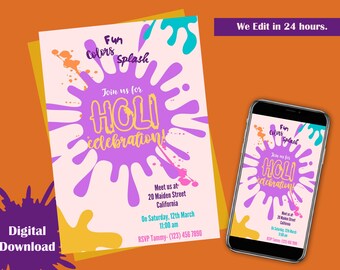 festival of colors Color war personalized invite holi celebration ...