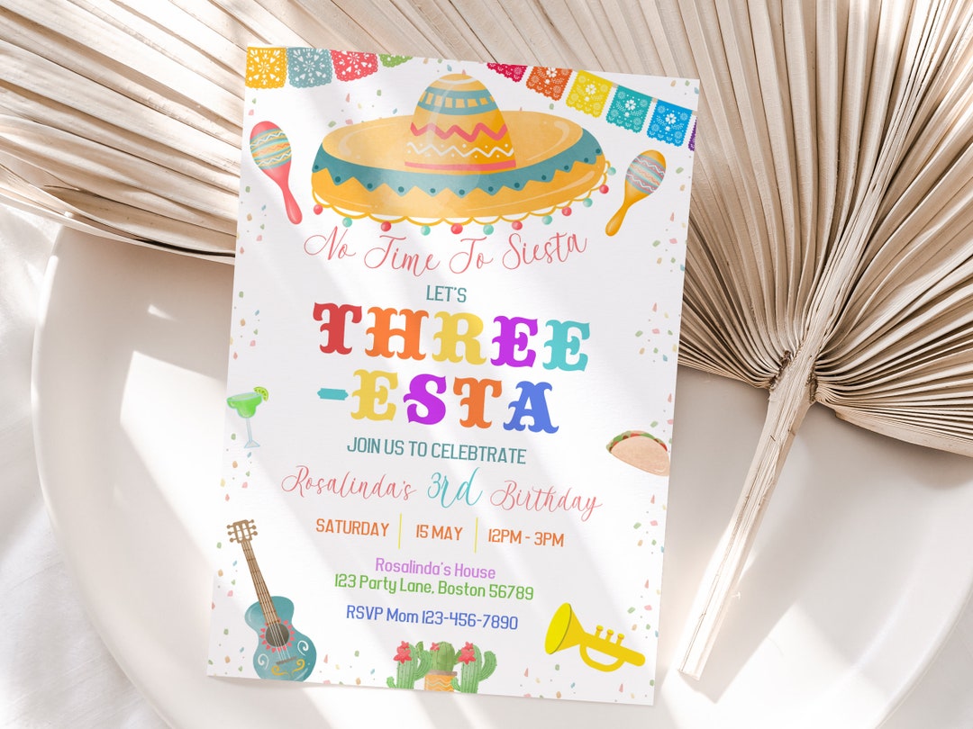Three-esta Invitation Fiesta 3rd Birthday Invitation Three Esta Mexican ...