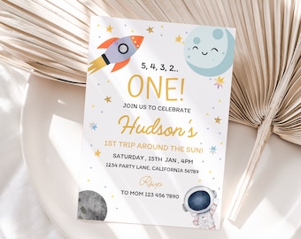 First Trip Around the Sun Birthday Invite Boy, Space 1st Birthday ...