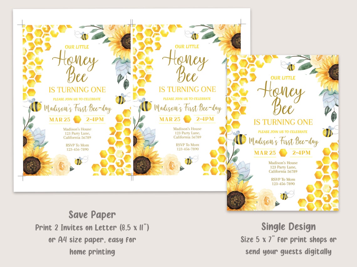 Bee Birthday Invitation Bee Day Invitation Honey Bee Birthday - Etsy