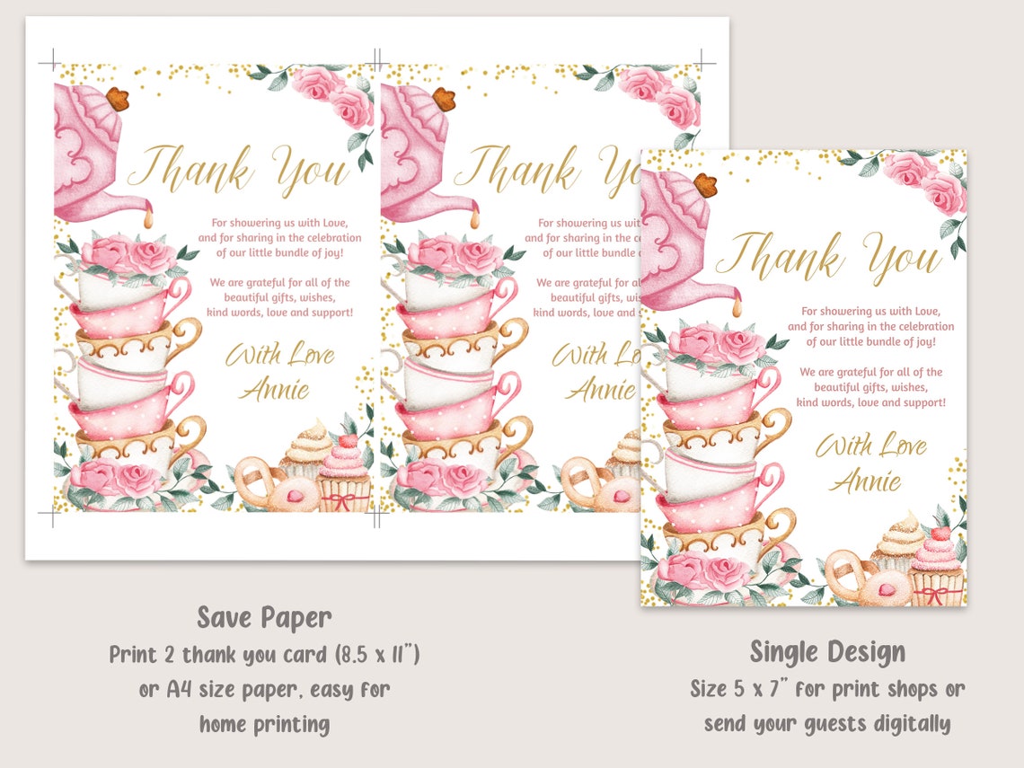 Tea Party Baby Shower Thank You Card Floral Pink Gold Tea - Etsy