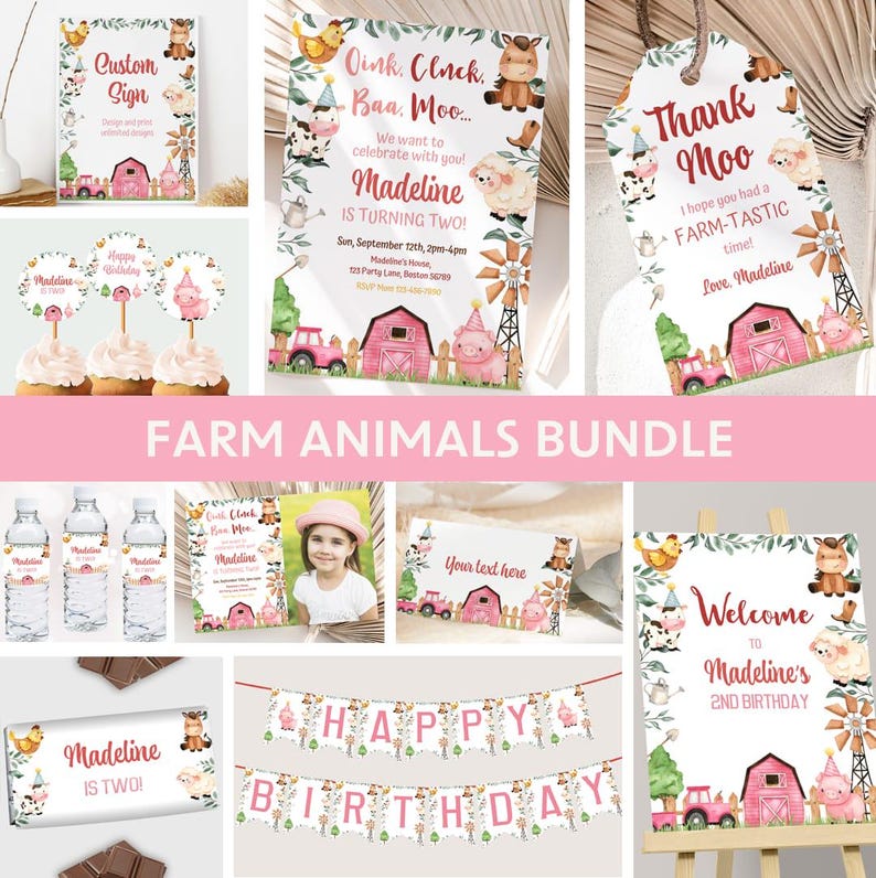 Farm Animals Birthday Invitation Bundle Girl Barnyard Decorations Pink ...