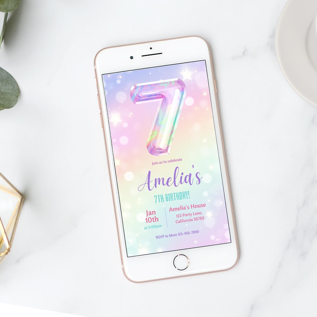 Rainbow 7th Birthday Invitation Rainbow Invitation Seventh Girl Digital ...