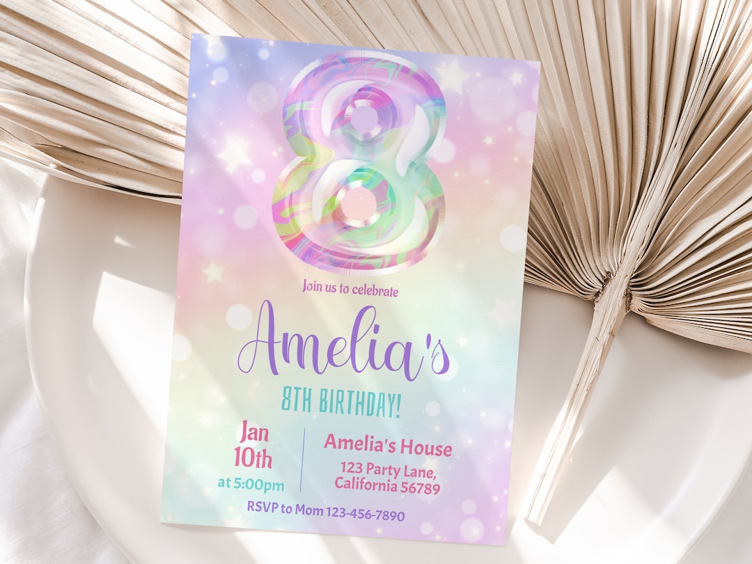 8th Birthday Invitation Girl 8th Birthday Party Invitation Rainbow ...