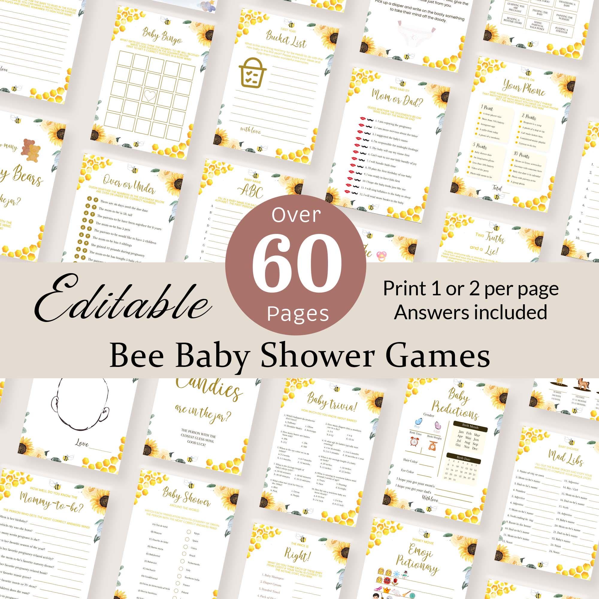 Bee Baby Shower Games Bundle Honey Bee Party Game Parents to Bee ...