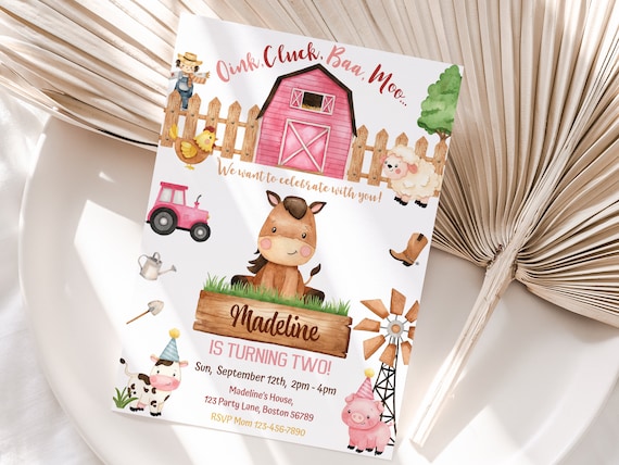 Girl Barnyard Birthday Invitation Editable Pink Barn Party - Etsy