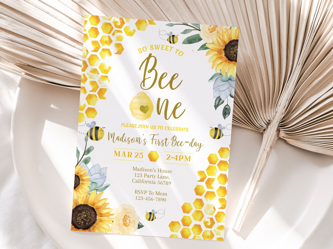 Bee First Birthday Invite First Bee Day Invitation Honey Bee 1st ...