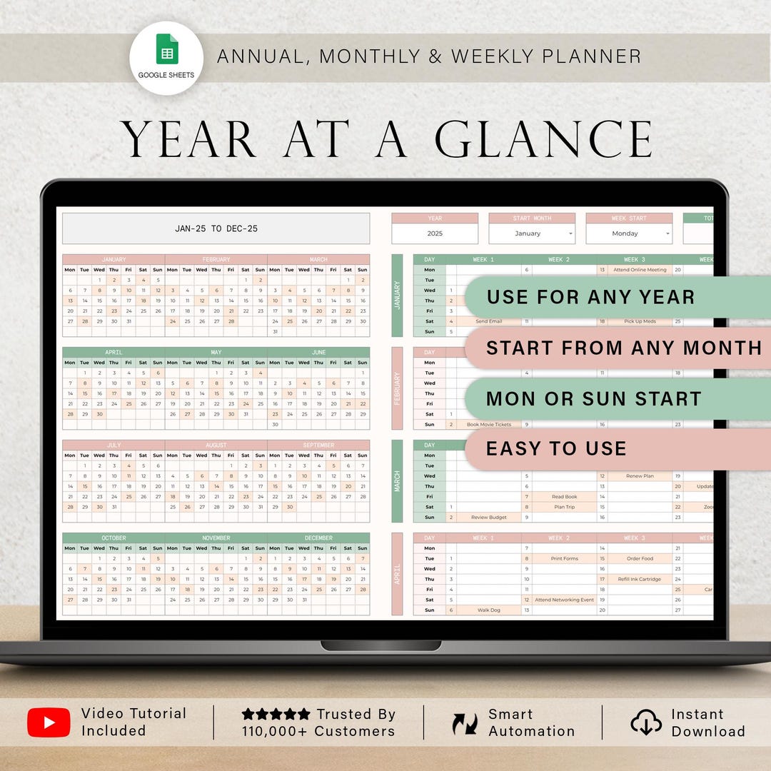 Yearly Planner Year at A Glance Planner Spreadsheet Yearly Overview ...