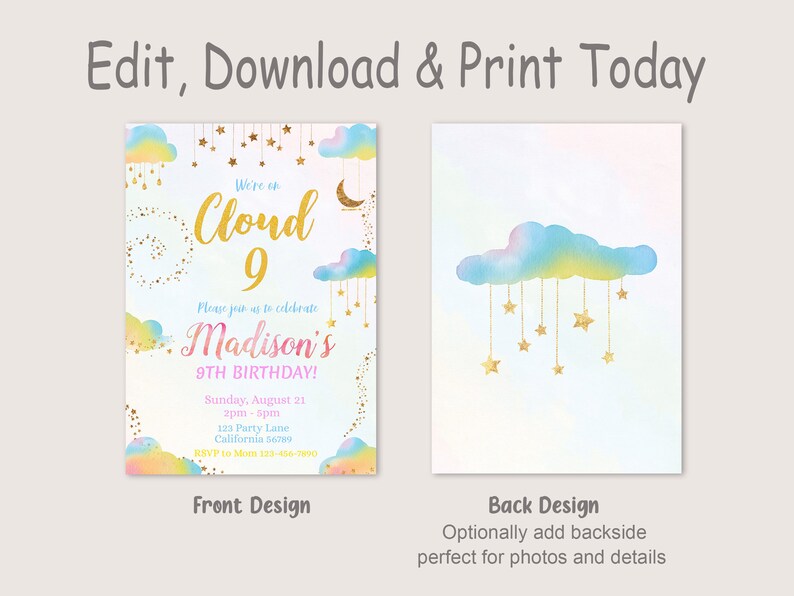 Cloud 9 Birthday Invitation Cloud Nine Party Invitation Girl - Etsy