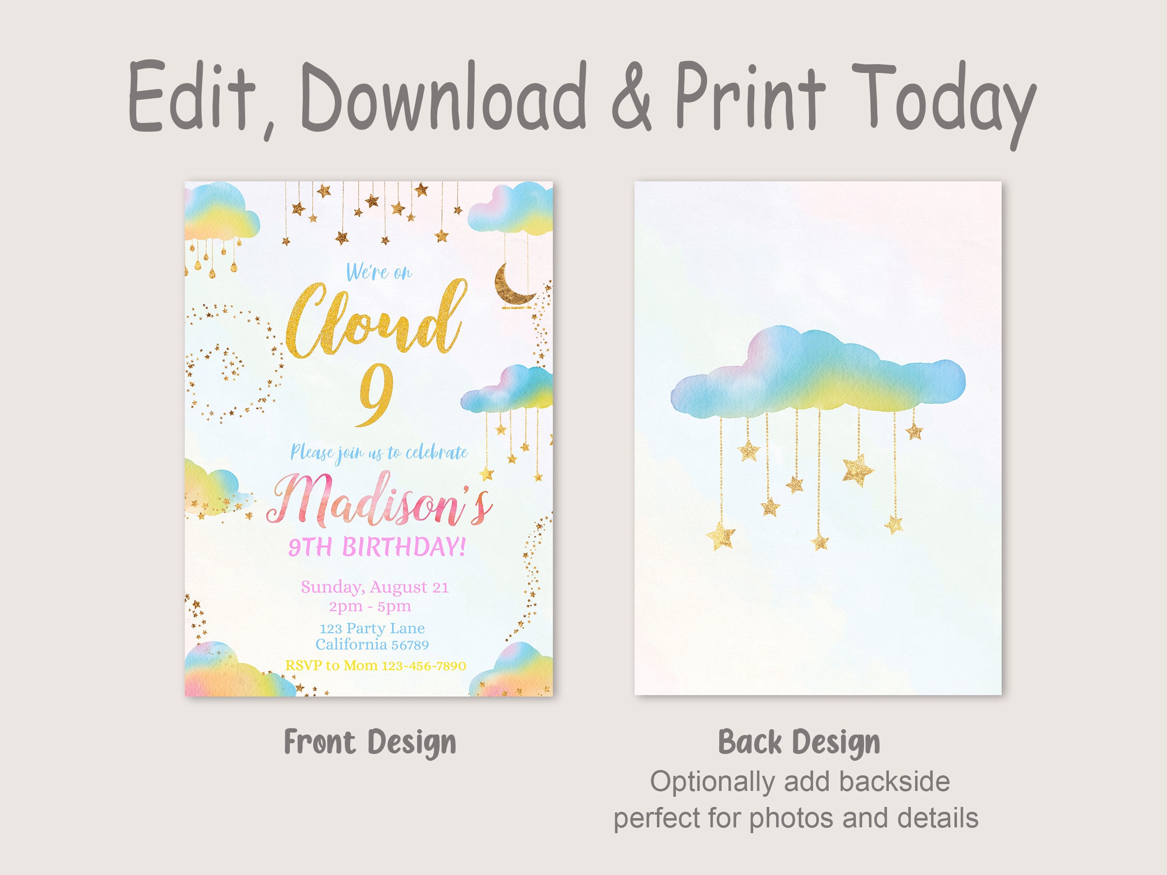 Cloud 9 Birthday Invitation Cloud Nine Party Invitation Girl - Etsy