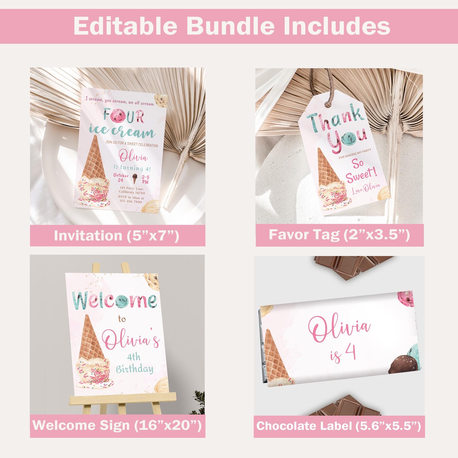 Ice Cream 4th Birthday Invitation Bundle I Scream We All Scream Four ...
