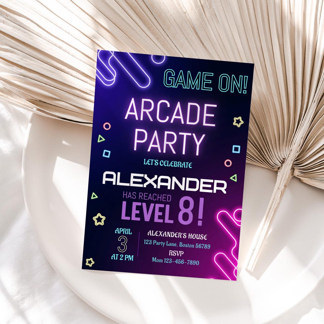 Editable Arcade Party Invitation Template Neon Glow Video Game Birthday ...