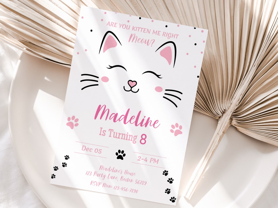 Editable Kitten Birthday Party Invitation Template Cute Cat Girl Bday ...