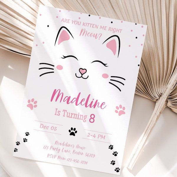 Cat Birthday Invitation Editable Template - Etsy