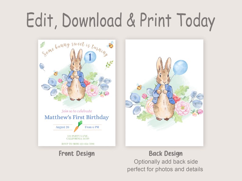 EDITABLE Peter Rabbit Birthday Invitation Bunny Birthday - Etsy