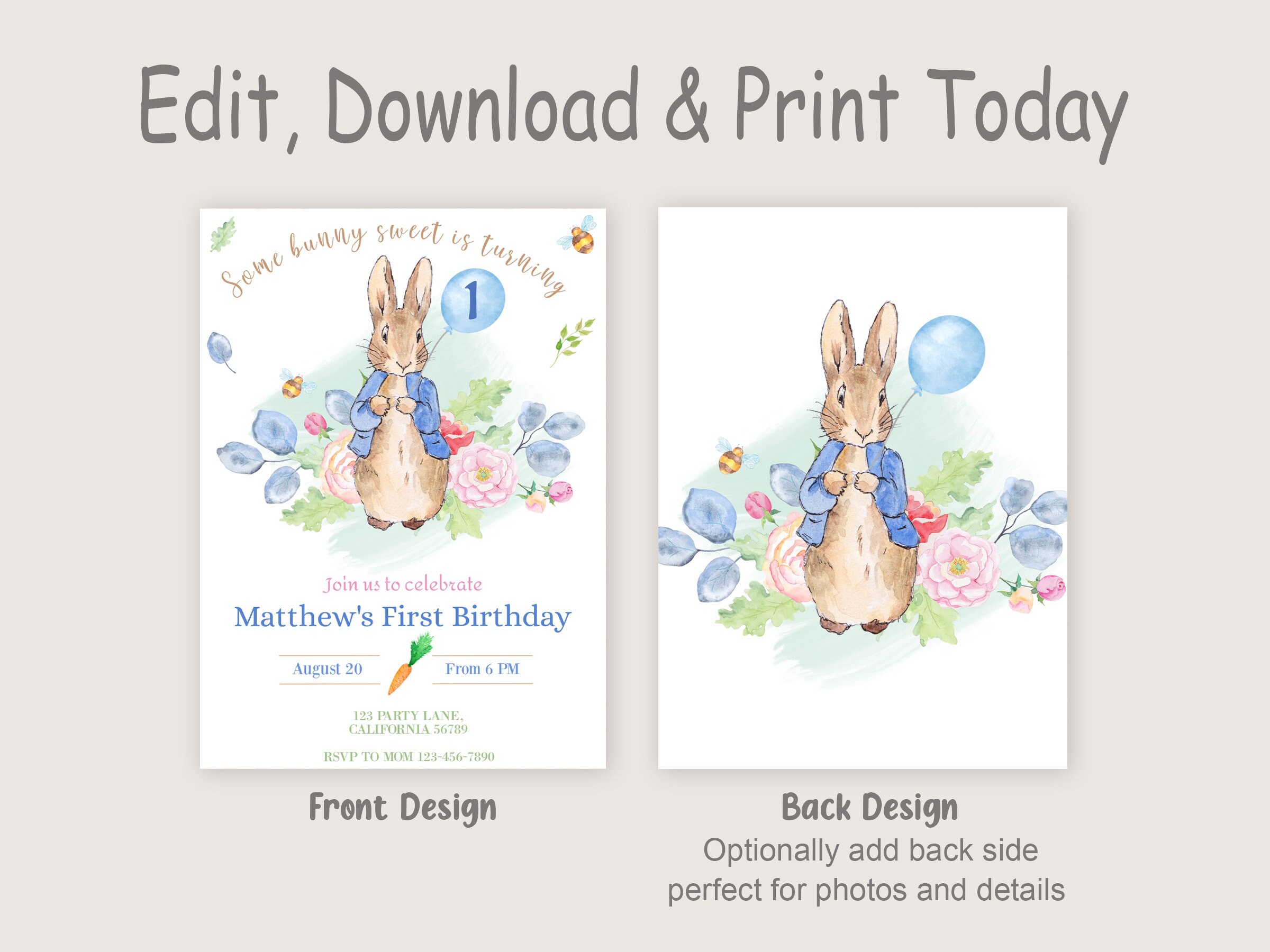 EDITABLE Peter Rabbit Birthday Invitation Bunny Birthday - Etsy