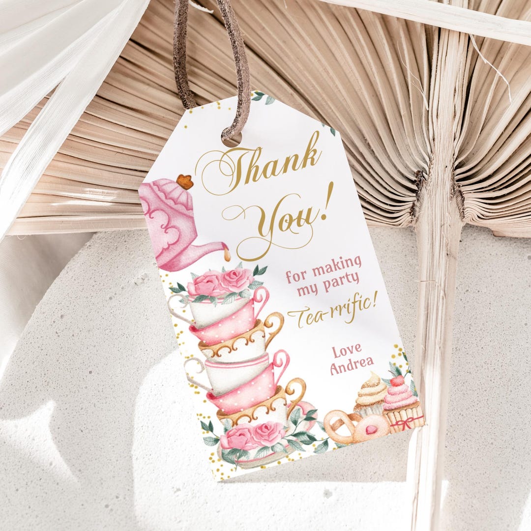 Tea Party Favor Tag Editable Pink And Gold Birthday Tea Party Thank You