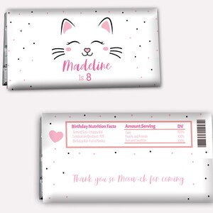 Cat Chocolate Label Cat Candy Bar Wrapper Kitten Birthday Favor Kitty ...