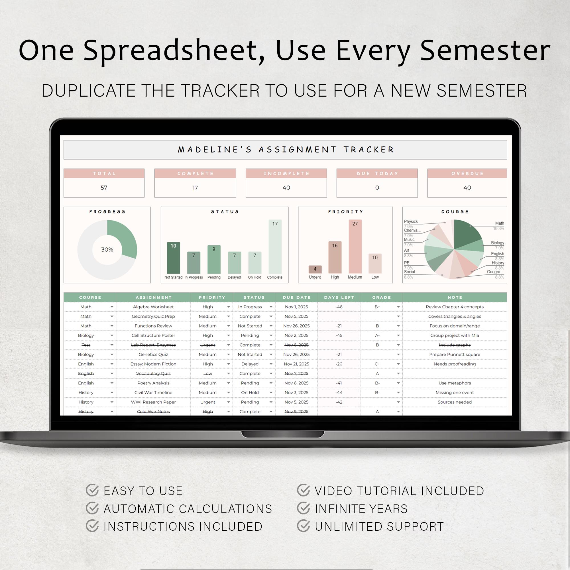 Assignment Tracker Spreadsheet Student Planner Template Academic Study ...