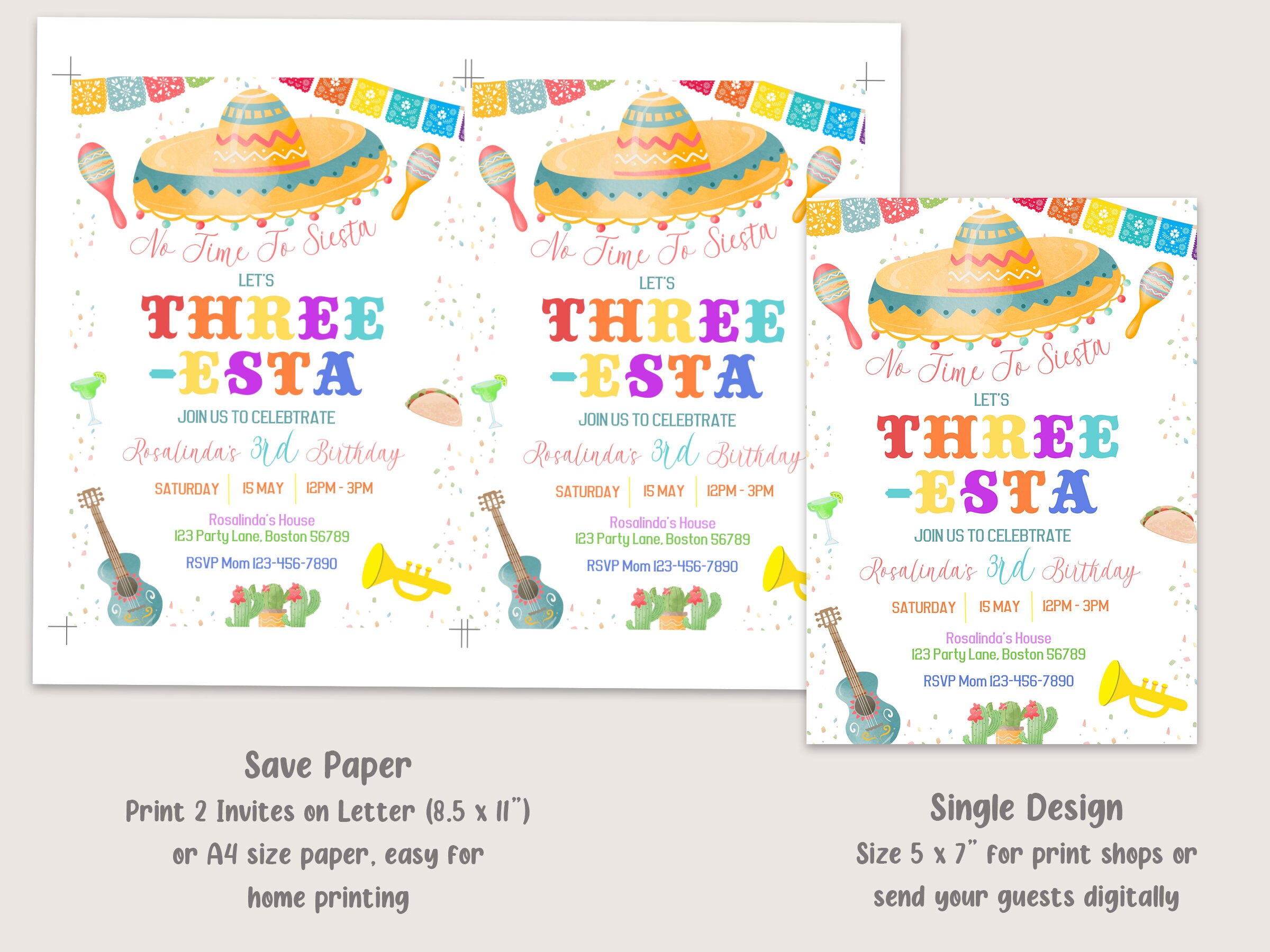 Three-esta Invitation Fiesta 3rd Birthday Invitation Three - Etsy