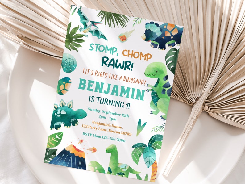 Editable Dinosaur Birthday Invitation Template Green Cute Dino - Etsy