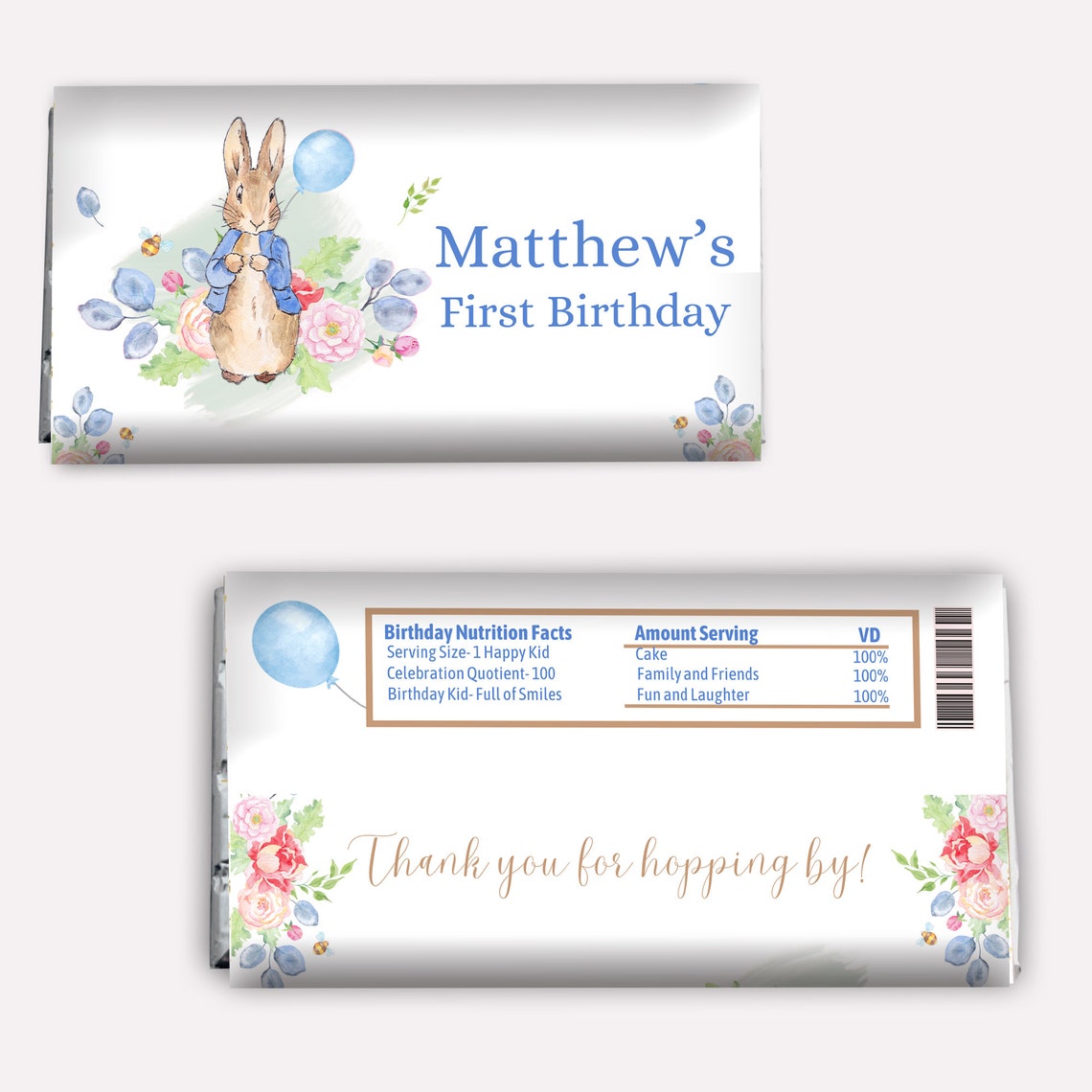 Peter Rabbit Chocolate Label Bunny Candy Bar Wrapper 1st Birthday Cover ...