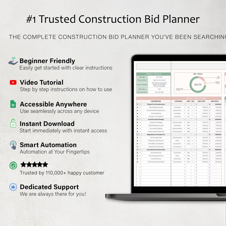 Construction Bid Planner Estimate Template Bidding Template Building ...