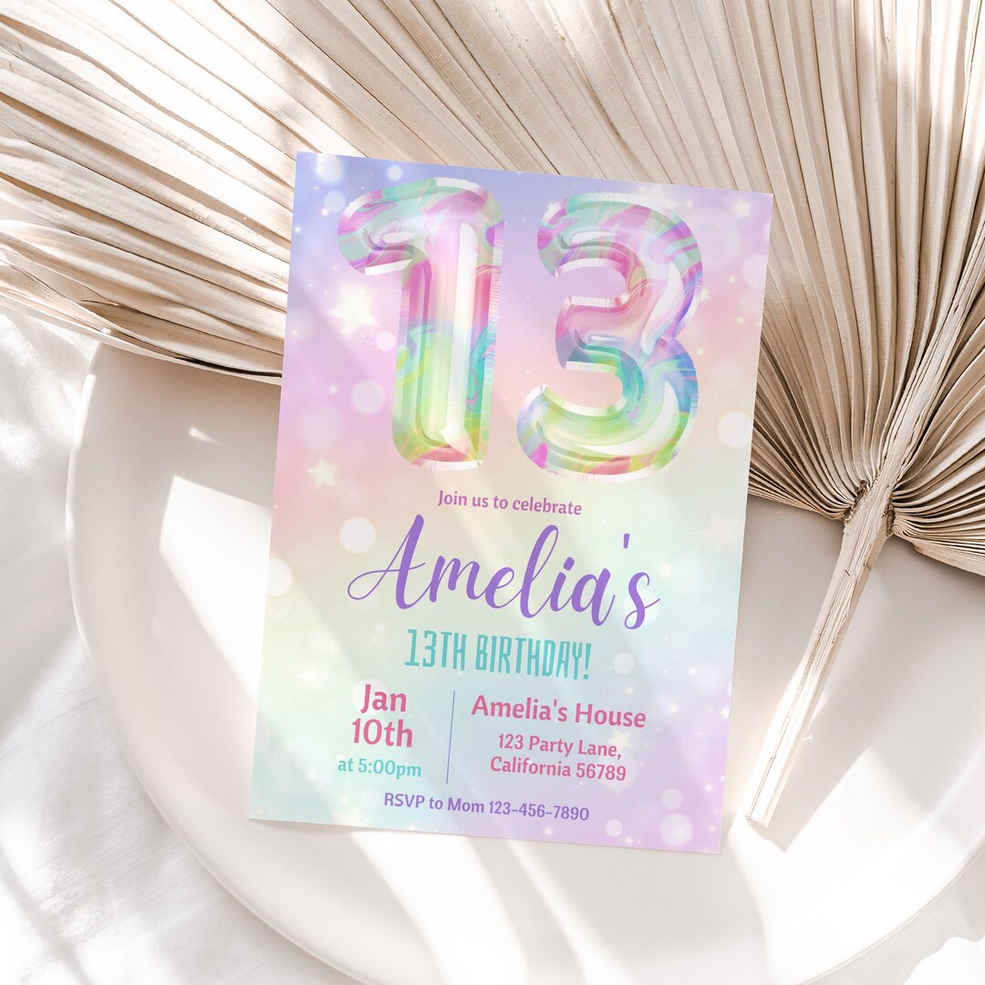 13th Birthday Invitation Girl 13th Birthday Party Invitation Rainbow ...